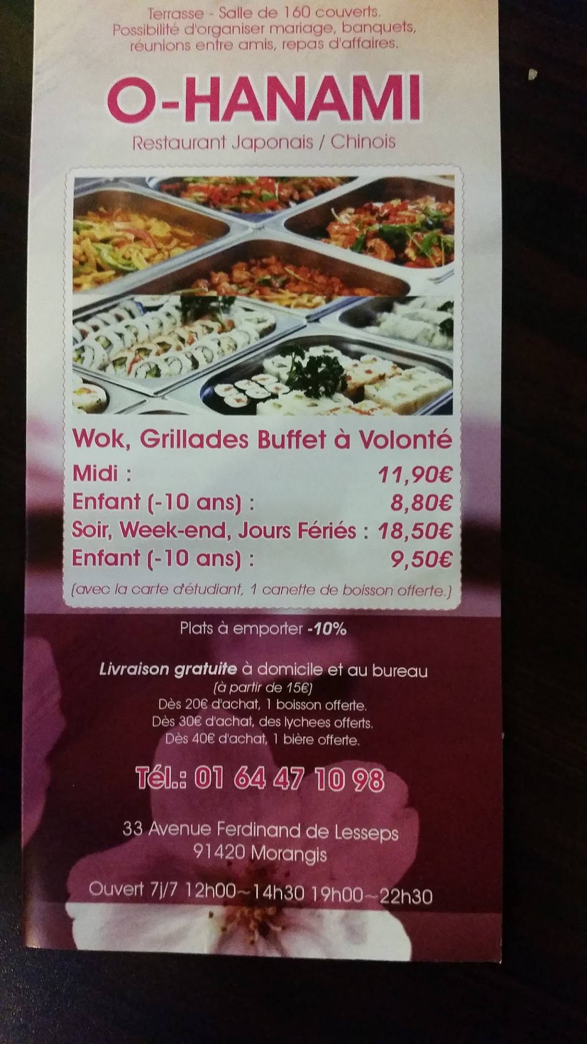 Menu au O Hanami restaurant, Morangis, 33 Av. Ferdinand de Lesseps