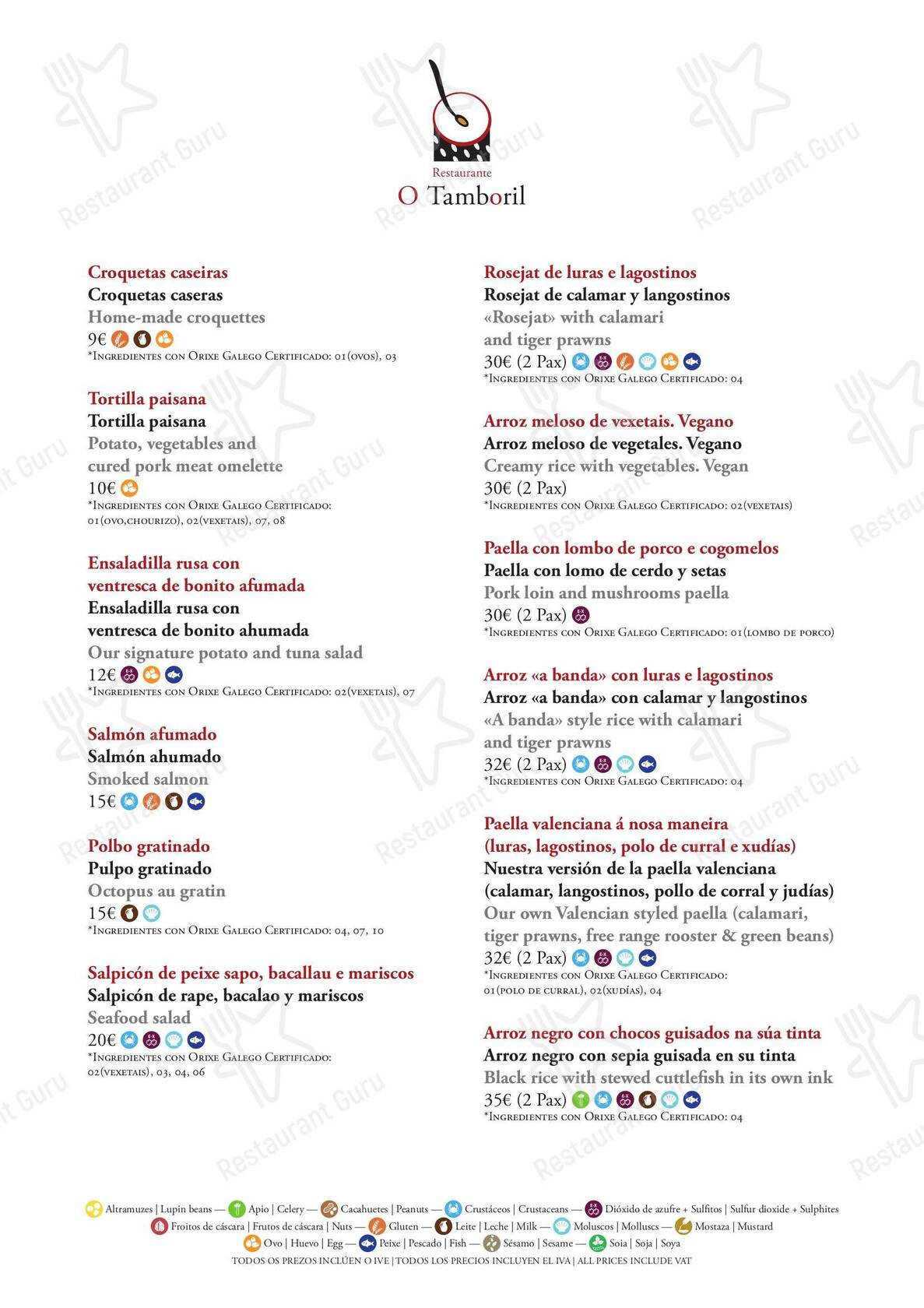 Carta del restaurante O Tamboril, Santiago del Compostela