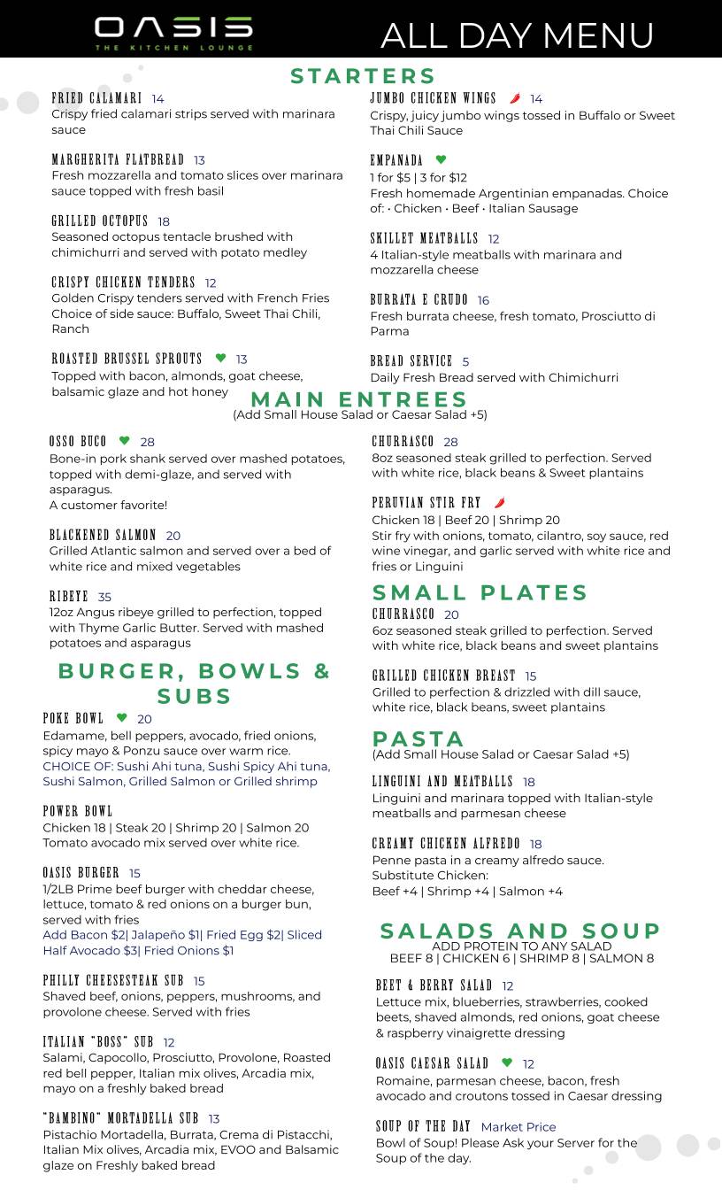 Menu at OASIS The Kitchen Lounge restaurant, Ave Maria