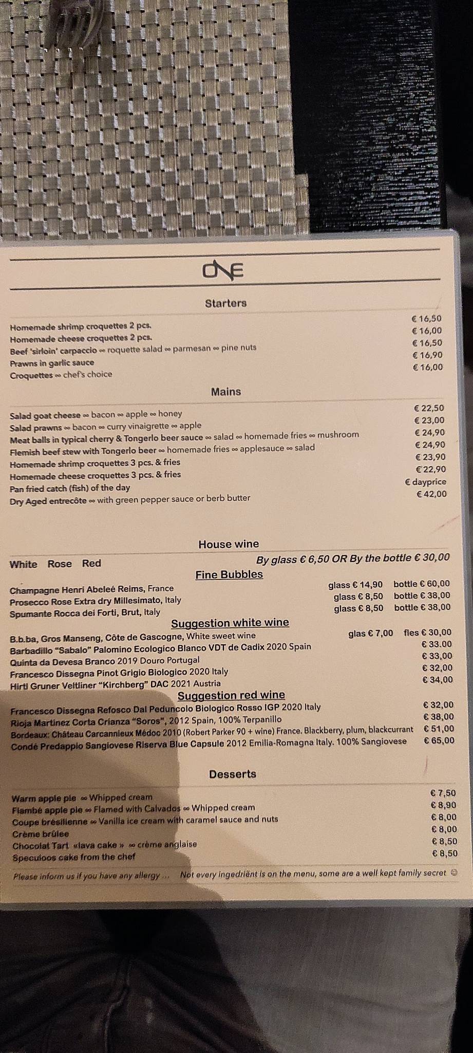Menu at ONE Restaurant, Bruges