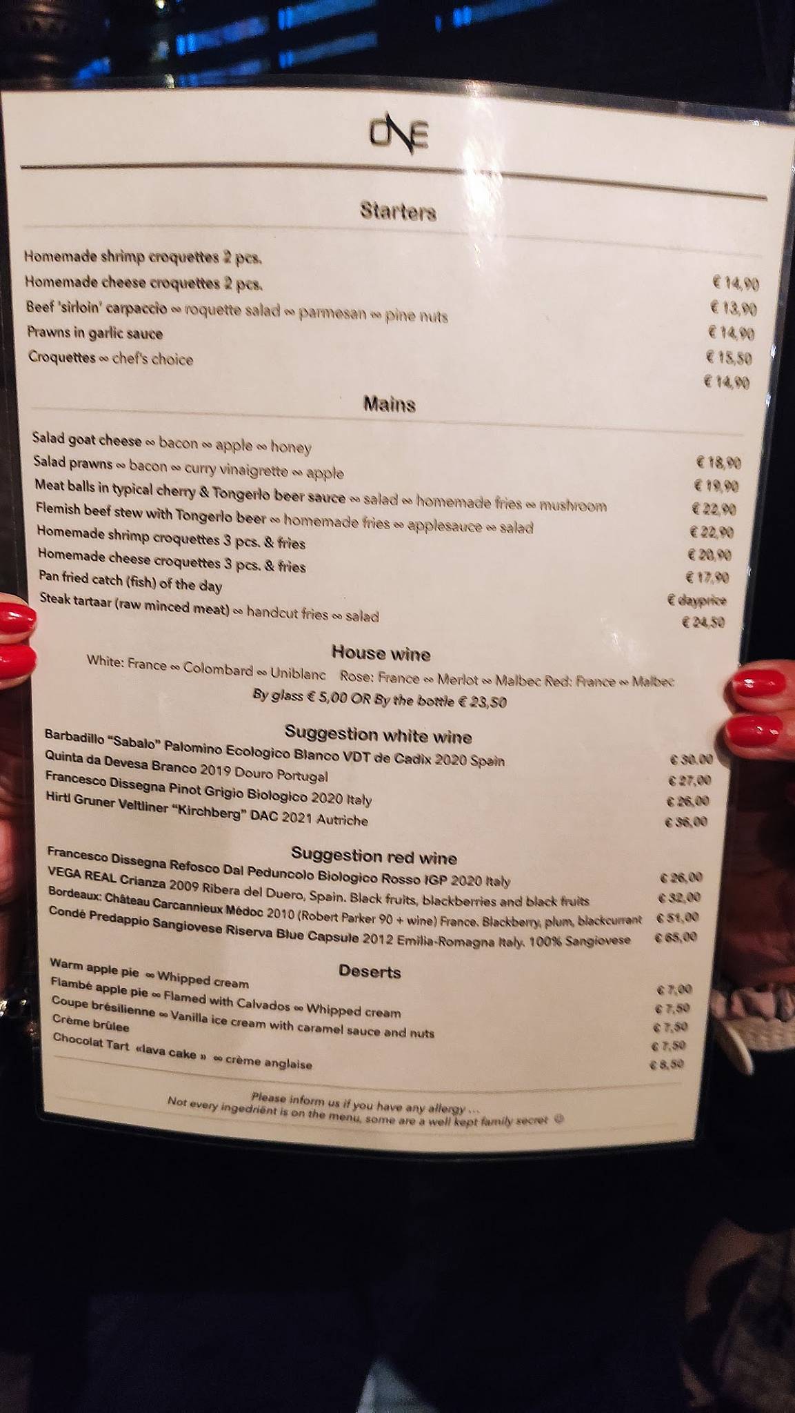 Menu at ONE Restaurant, Bruges