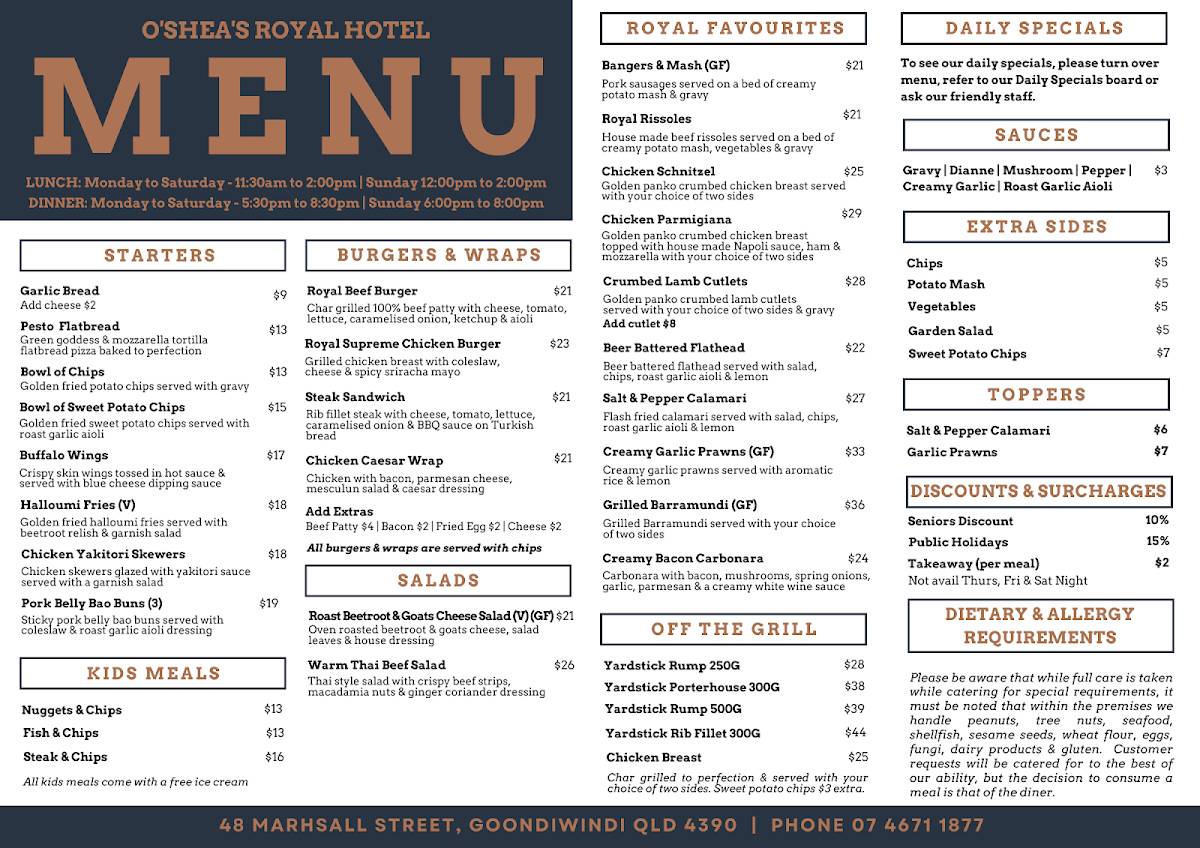 Menu at O'Shea's Royal Hotel restaurant, Goondiwindi