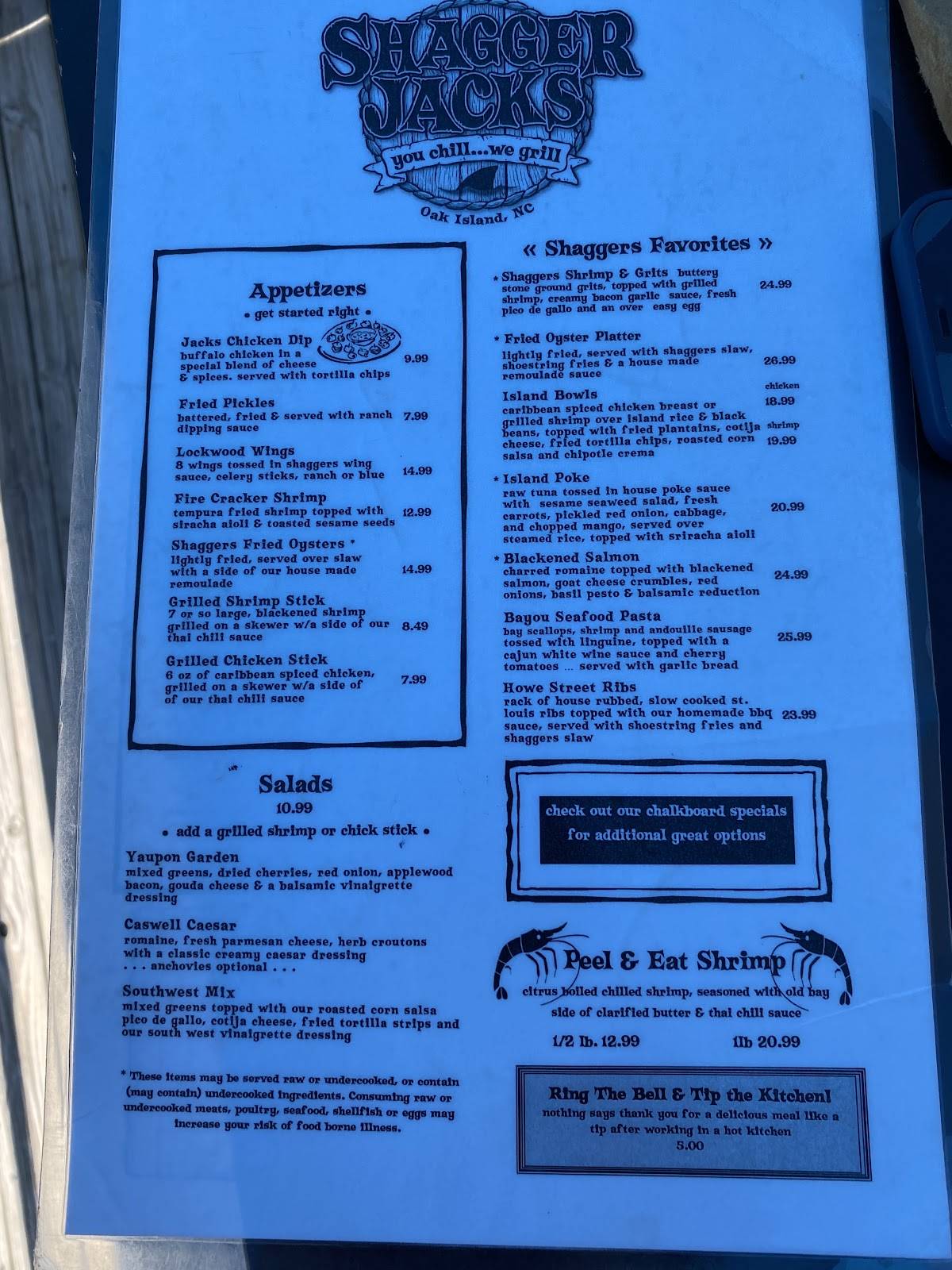 Menu at Shagger Jacks restaurant, Oak Island