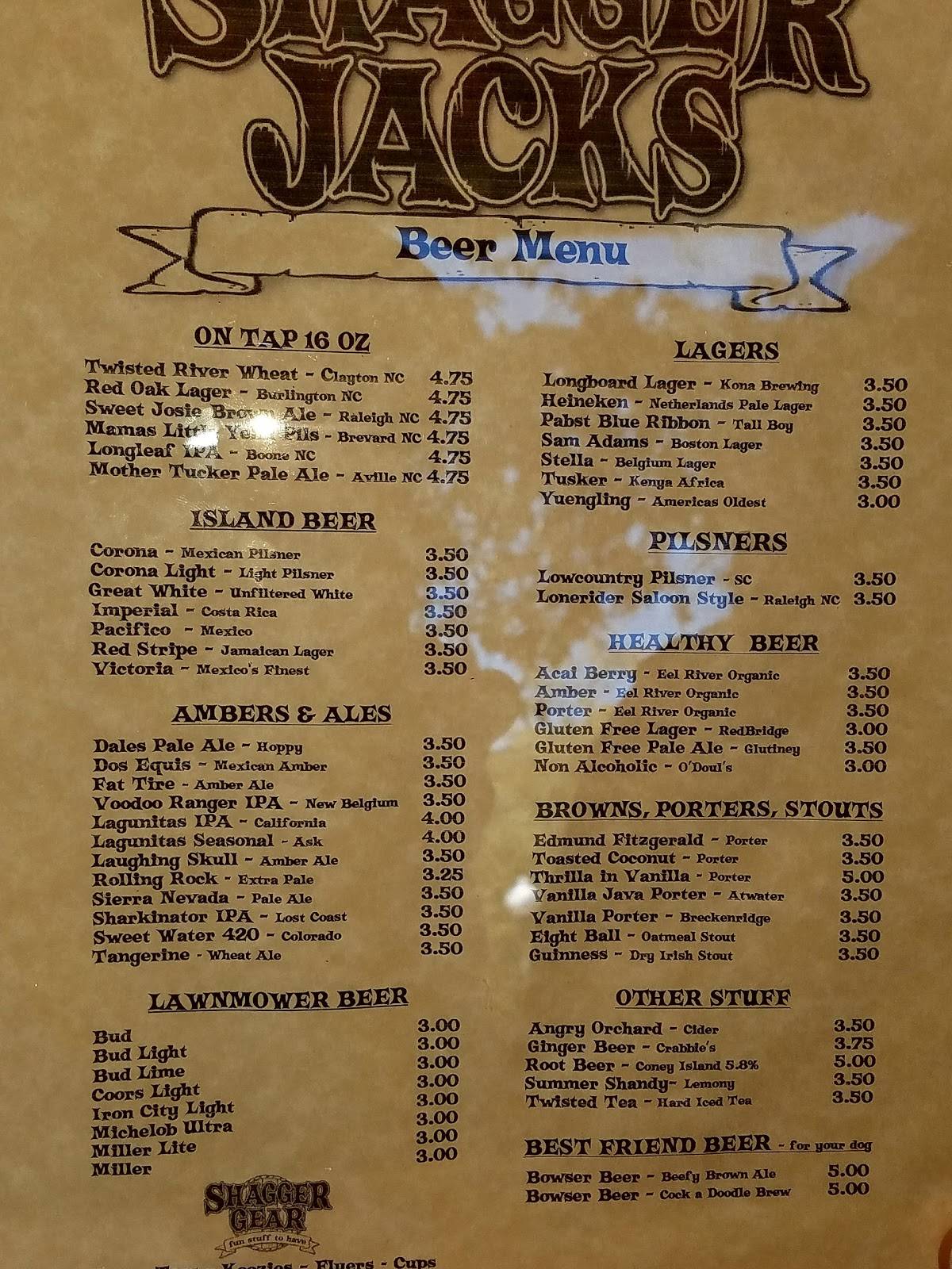 Menu at Shagger Jacks restaurant, Oak Island