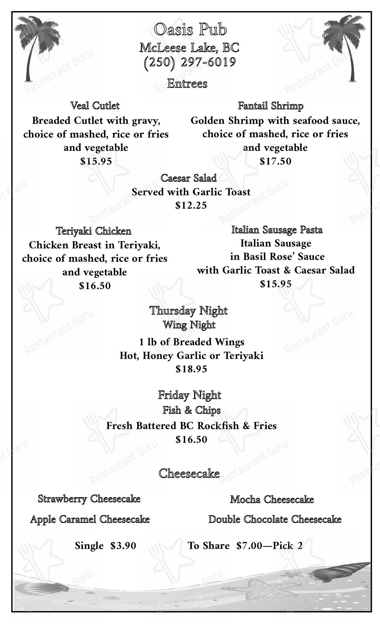 Menu at Oasis Pub Inc, McLeese Lake