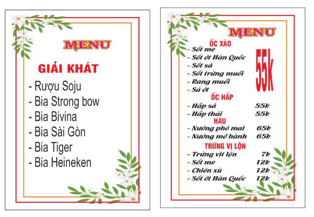 Menu at Ốc Xào Ong Vàng restaurant, Ninh Hòa