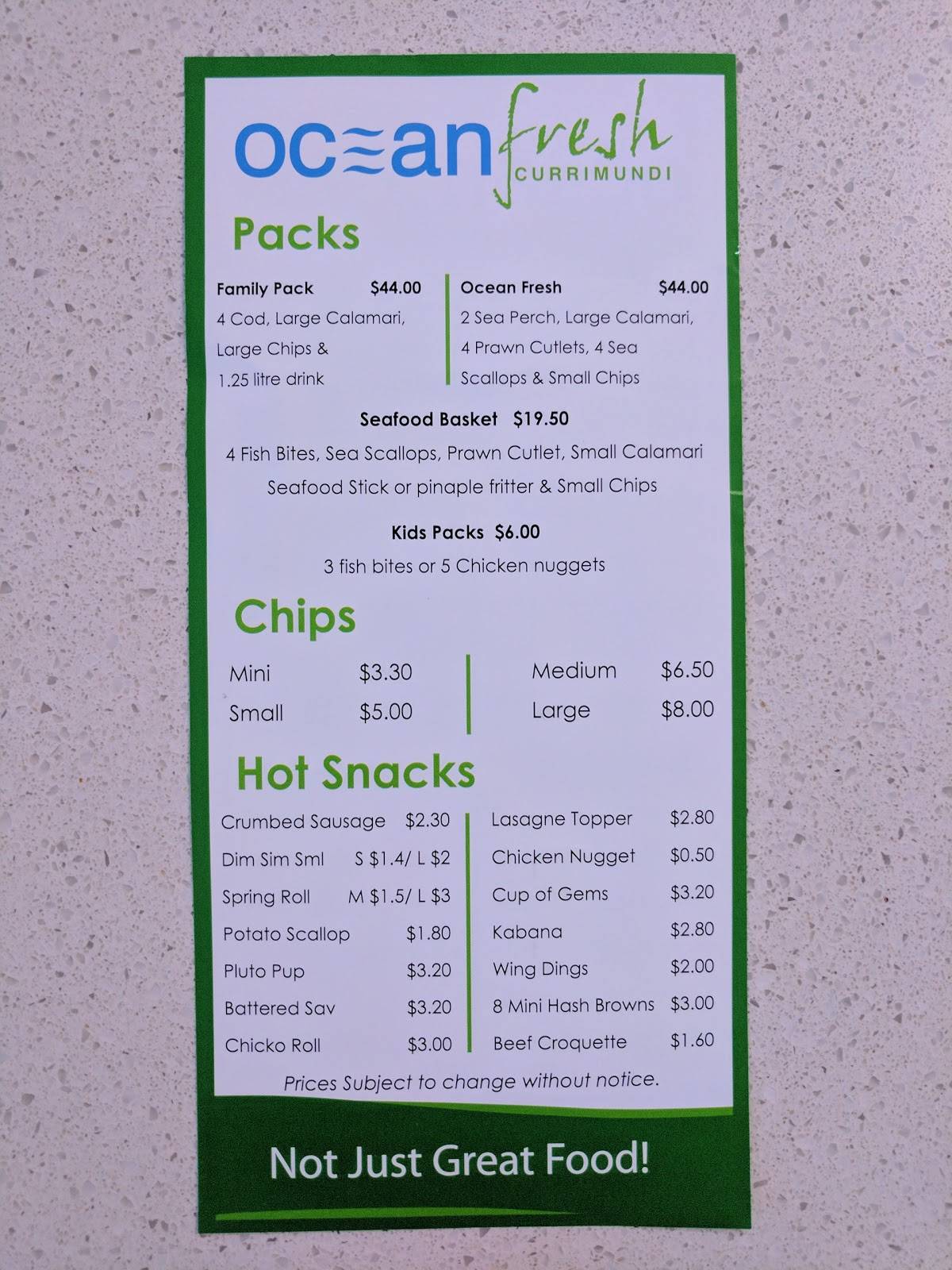 Carta del restaurante Ocean Fresh Currimundi, Currimundi