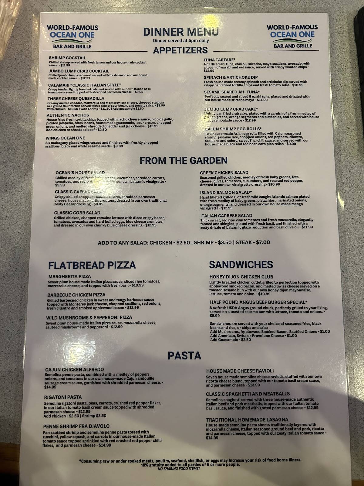 Menu at Ocean One Bar & Grille, Las Vegas