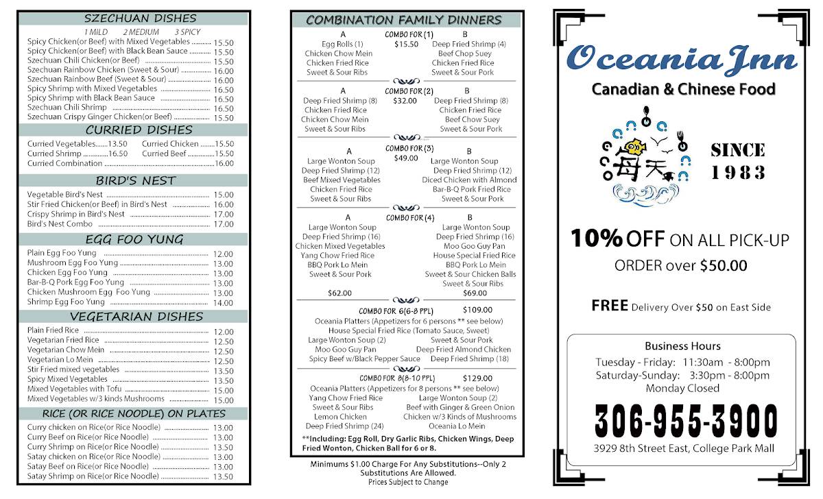 Menu at Oceania Inn Chinese Restaurant, Saskatoon