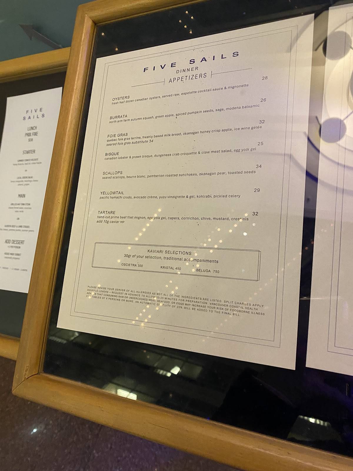 Menu at Oceans 999 restaurant, Vancouver, 999 Canada Pl #300