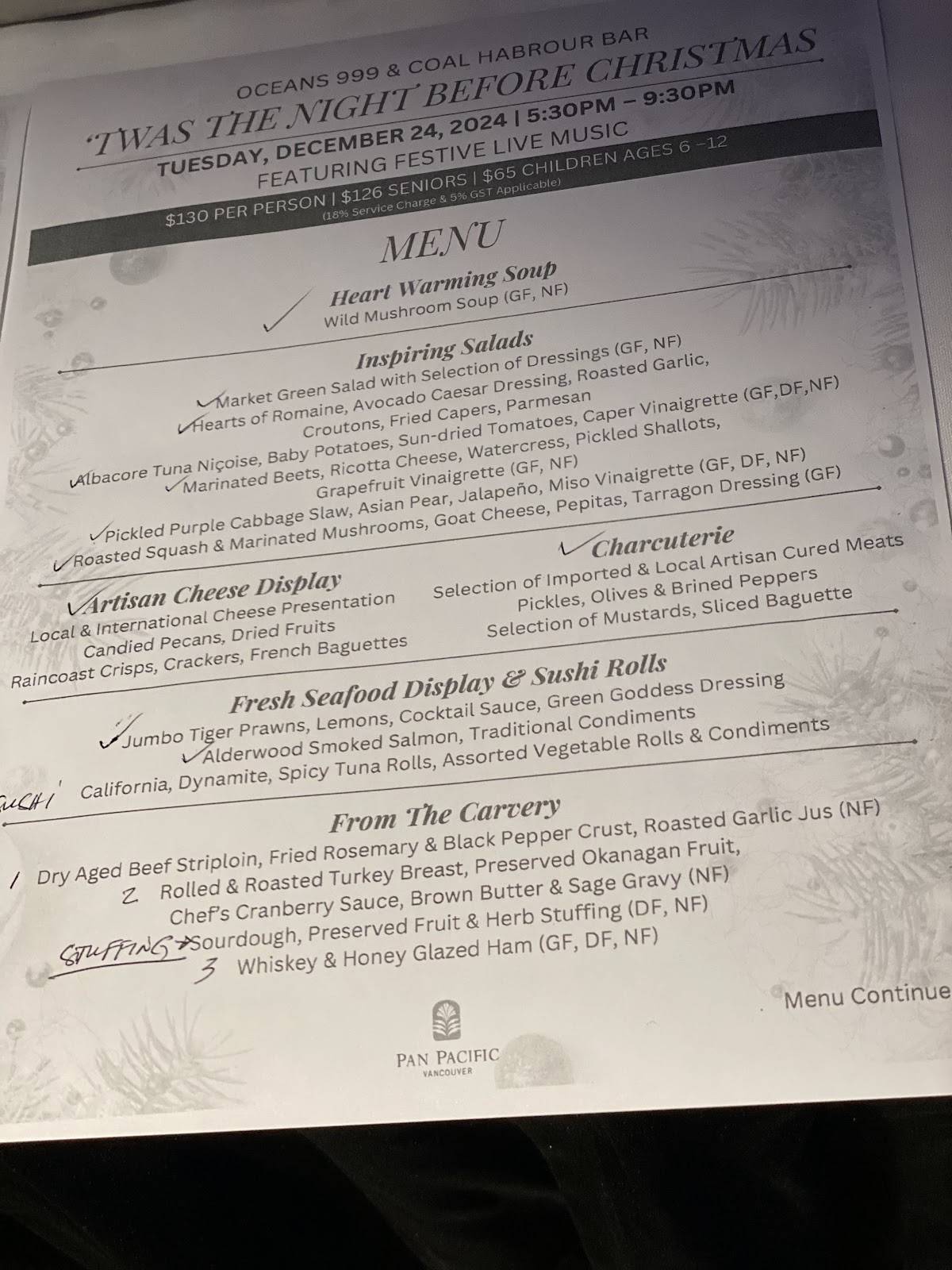 Menu at Oceans 999 restaurant, Vancouver, 999 Canada Pl #300