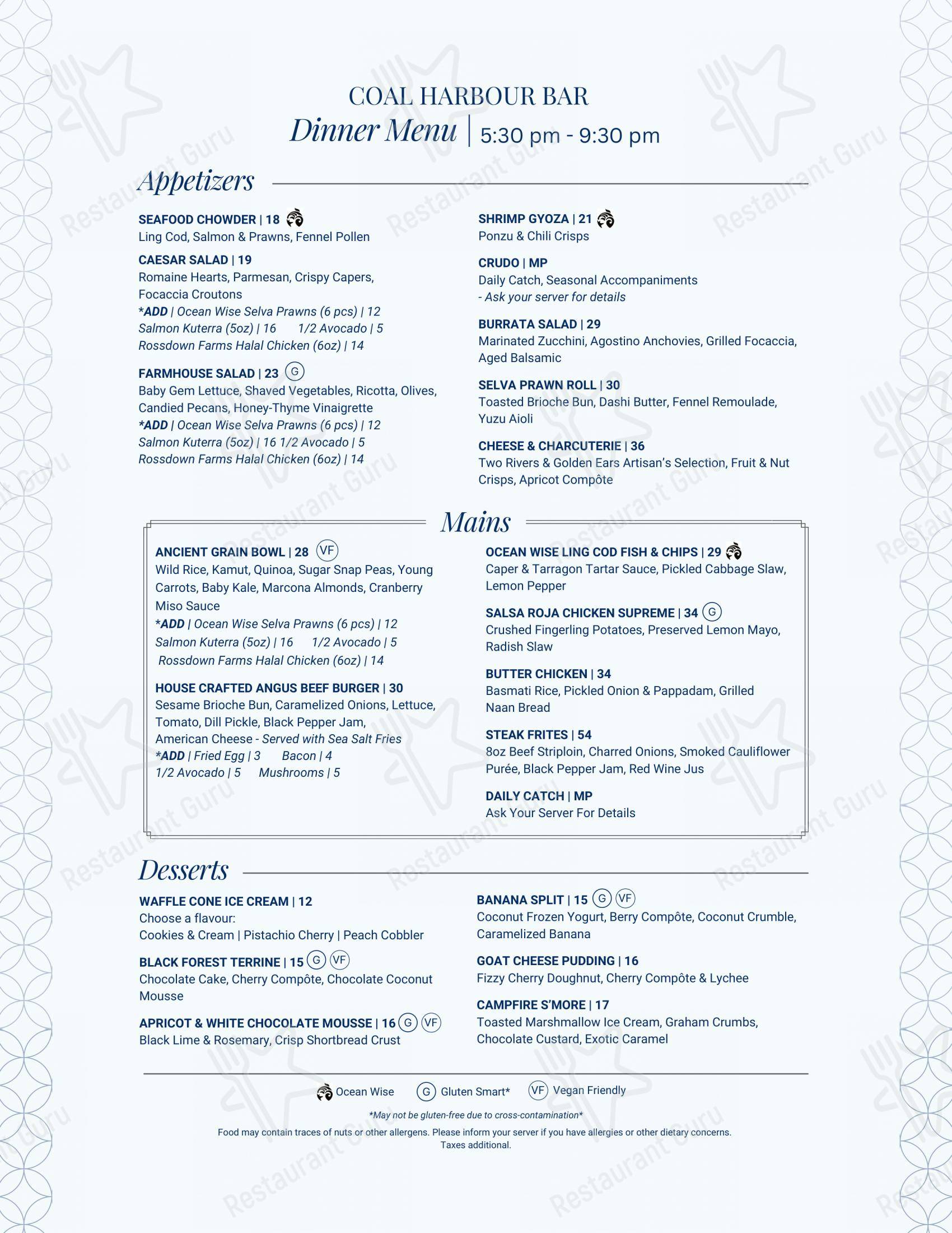 Menu at Oceans 999 restaurant, Vancouver, 999 Canada Pl #300