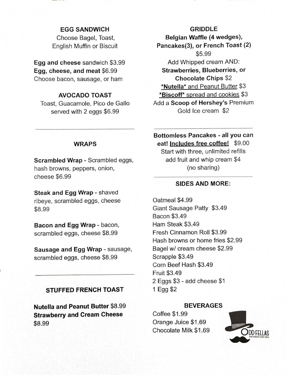 Menu at Odd Fellas restaurant, Lock Haven