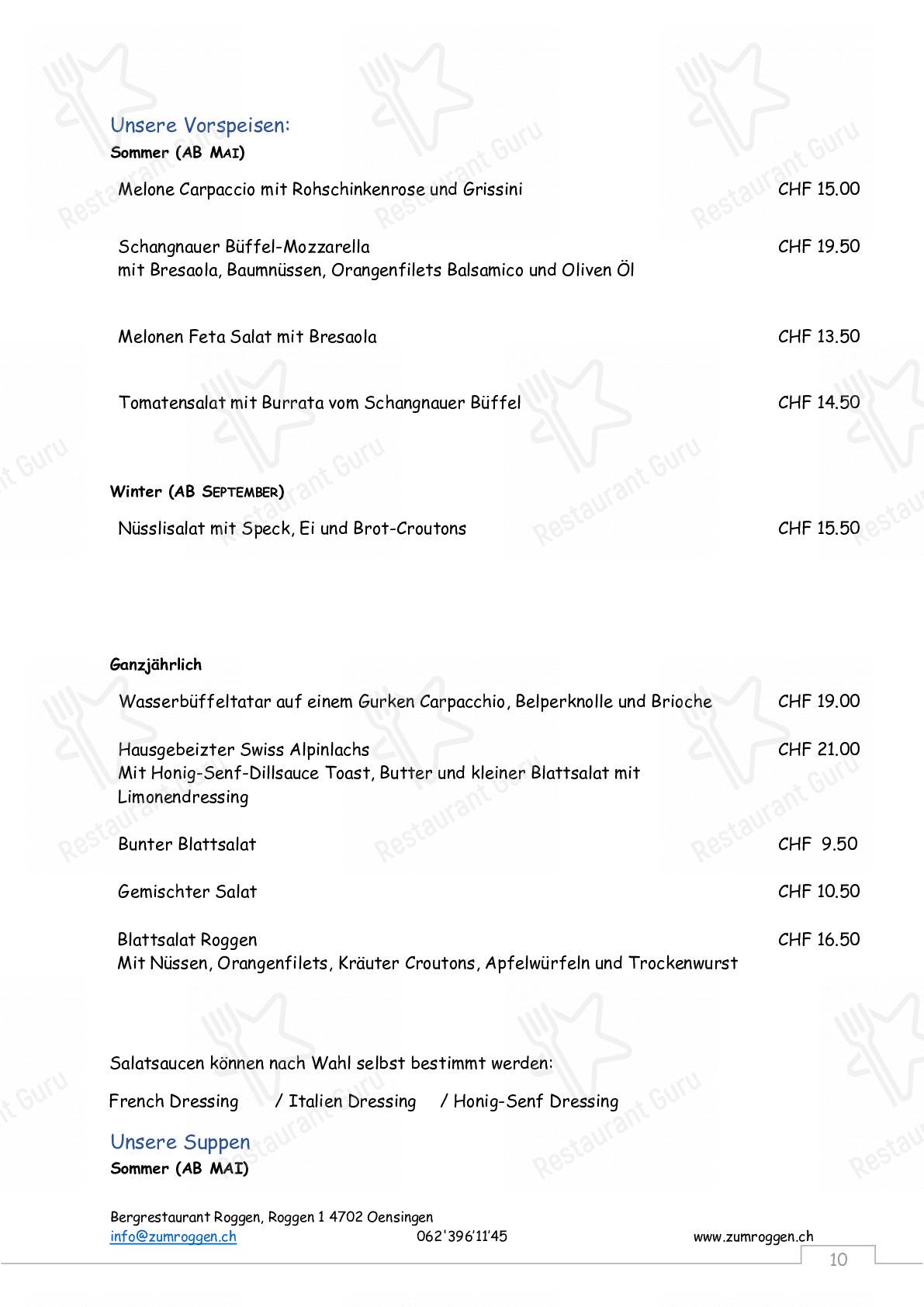Speisekarte von Bergrestaurant Roggen, Oensingen