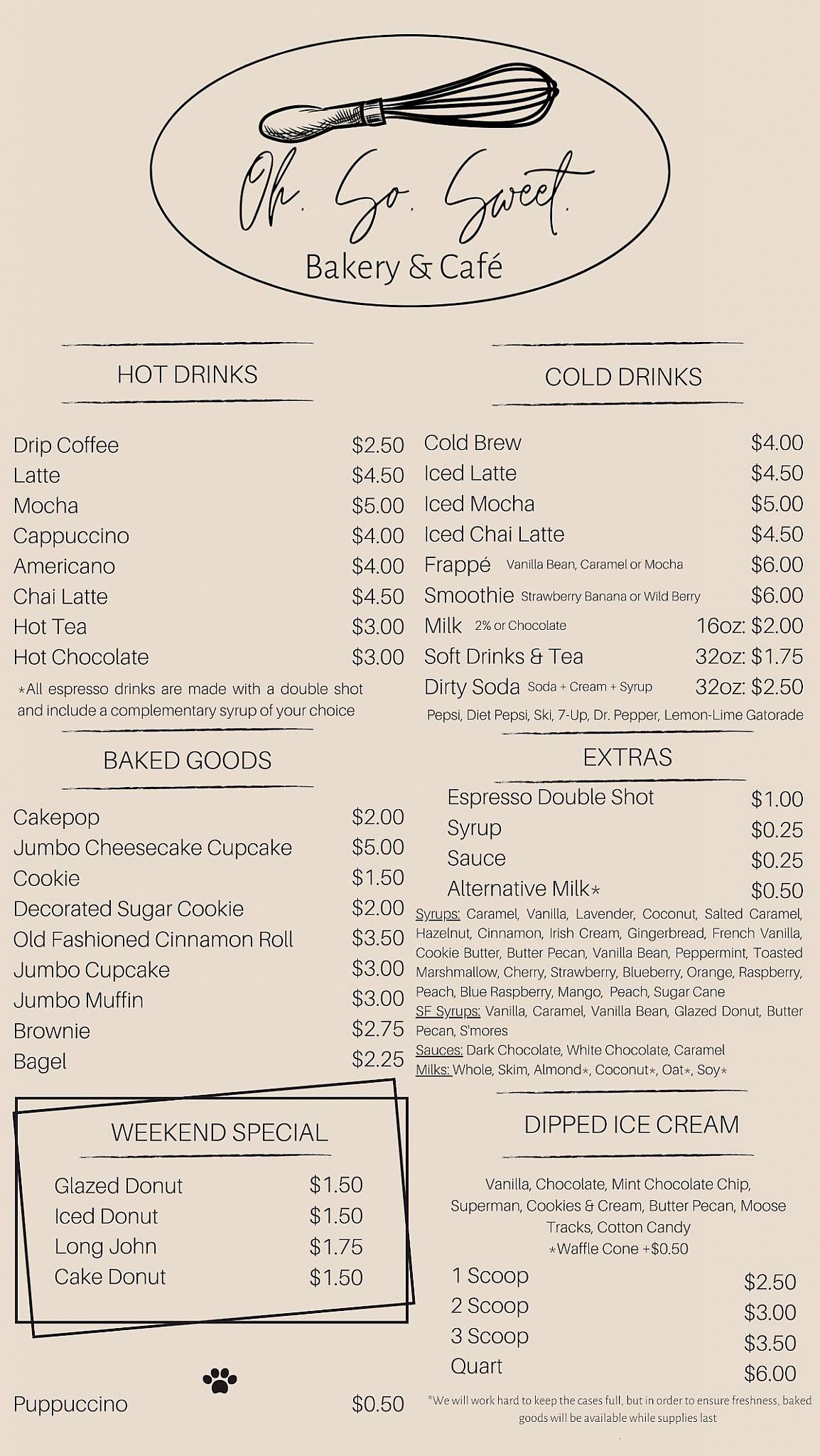 Menu at Oh. So. Sweet. Bakery & Café, Carlyle