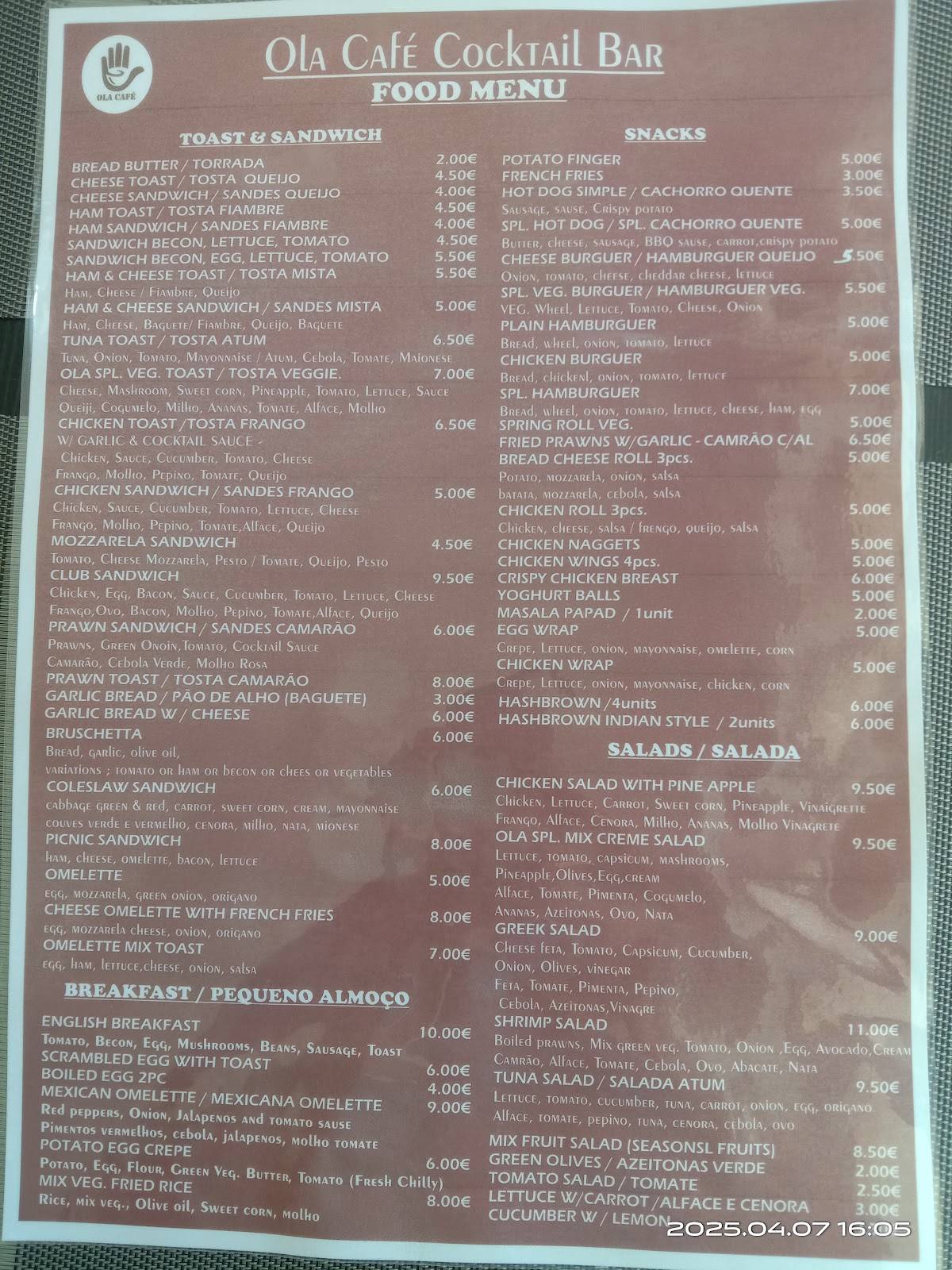 Menu em Olá Café Cocktail Bar, Quarteira