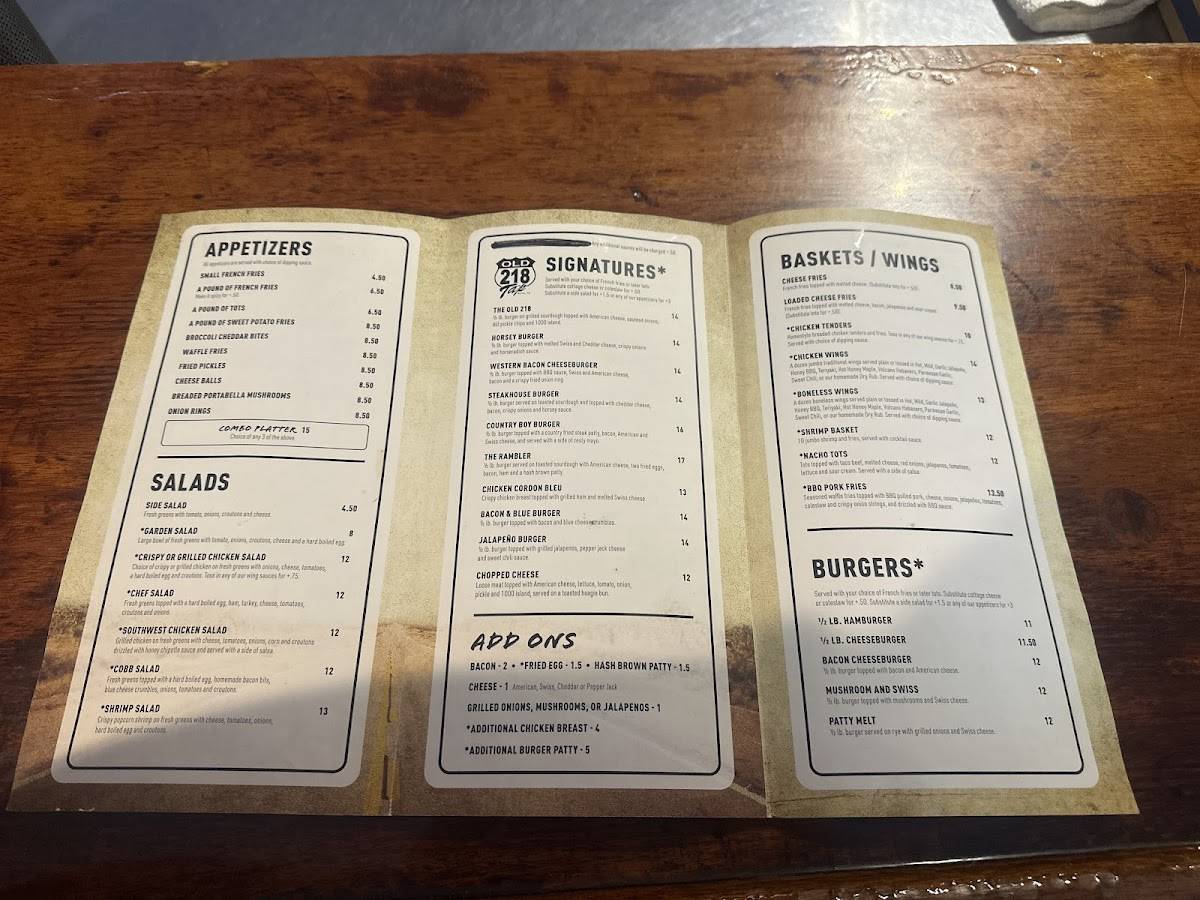 Menu at Old 218 Tap pub & bar, Hills