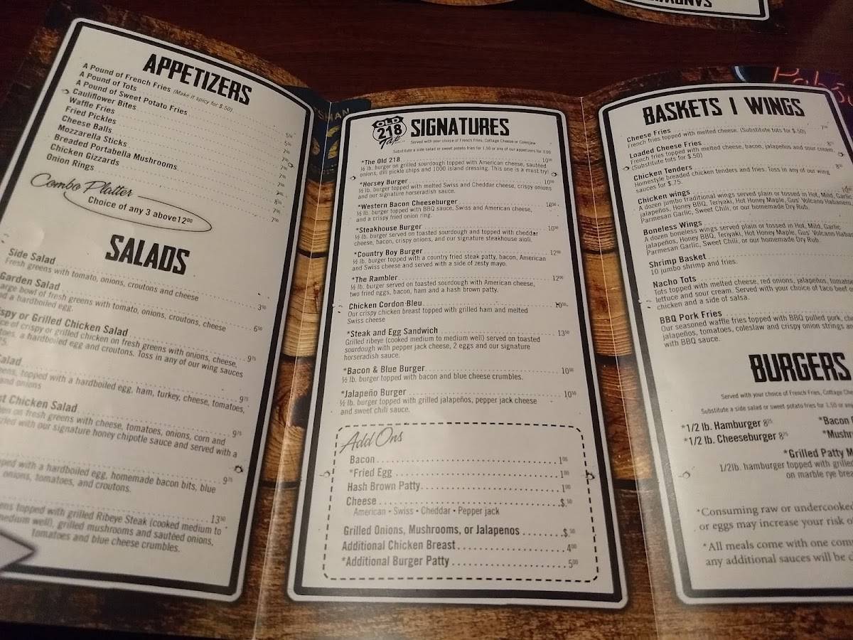 Menu at Old 218 Tap pub & bar, Hills