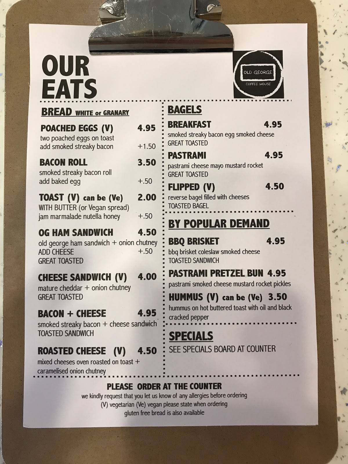 Menu at Old George Coffee House, Barnsley, 14 Market Hill