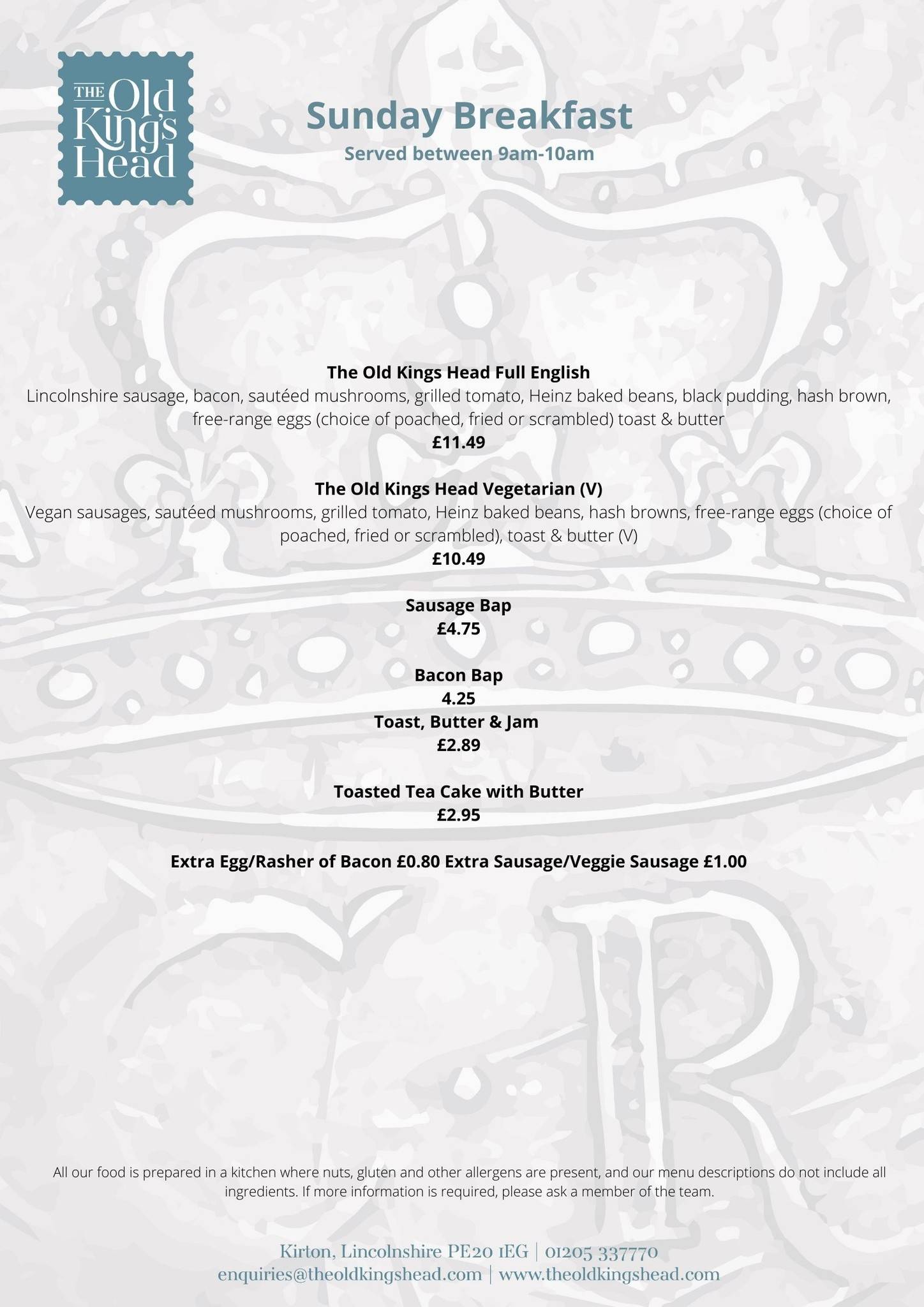 Menu at Old Kings Head, Kirton cafe, Boston