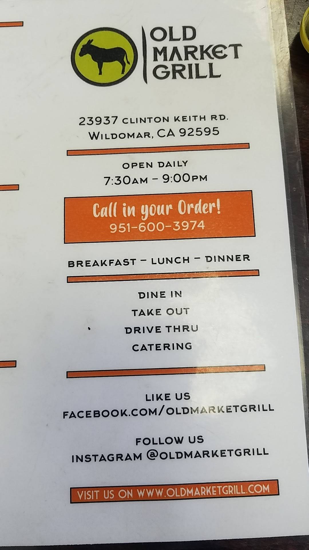 Menu at Old Market Grill restaurant, Wildomar