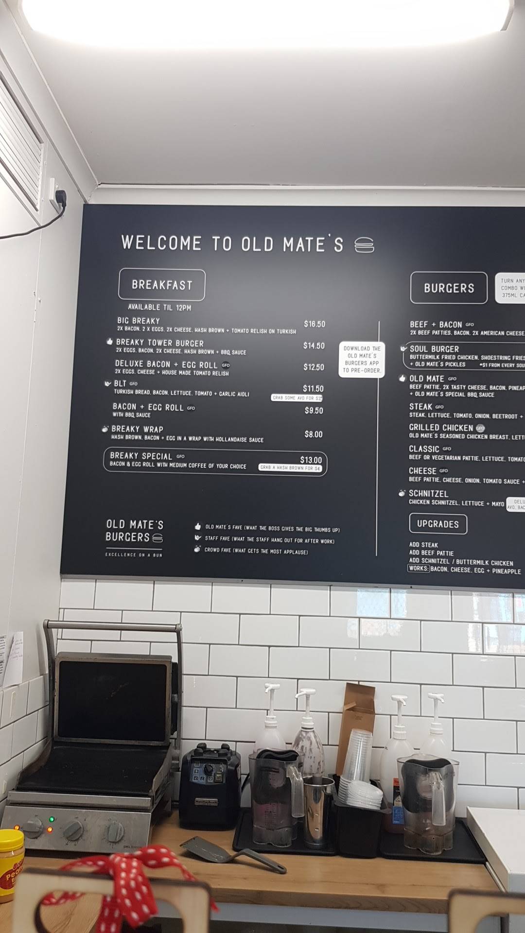 Menu at Old Mate's Burgers restaurant, Coffs Harbour