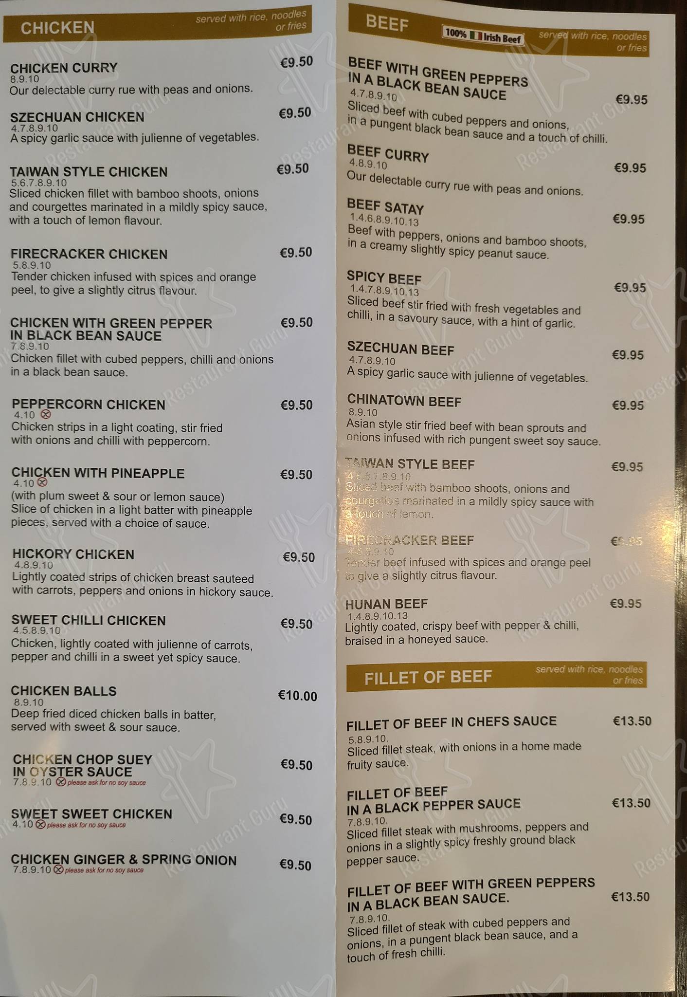 Carta de Old Town Chinese Restaurant, Courtown