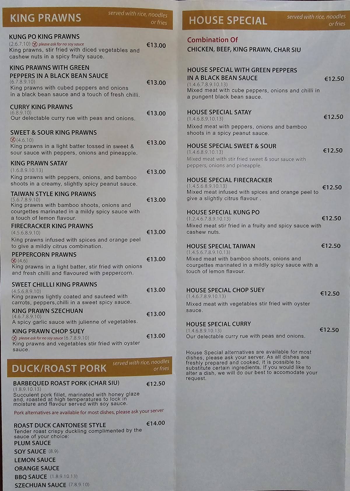 Menu at Old Town Chinese Restaurant, Courtown