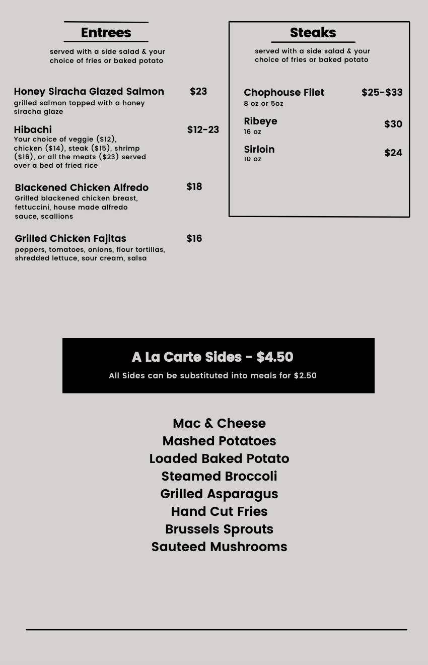 Menu at Old Virginia Chophouse restaurant, Tazewell