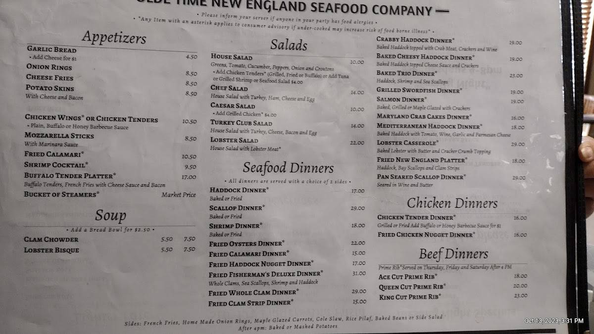 Menu at Olde Time New England Seafood Company restaurant, Athol