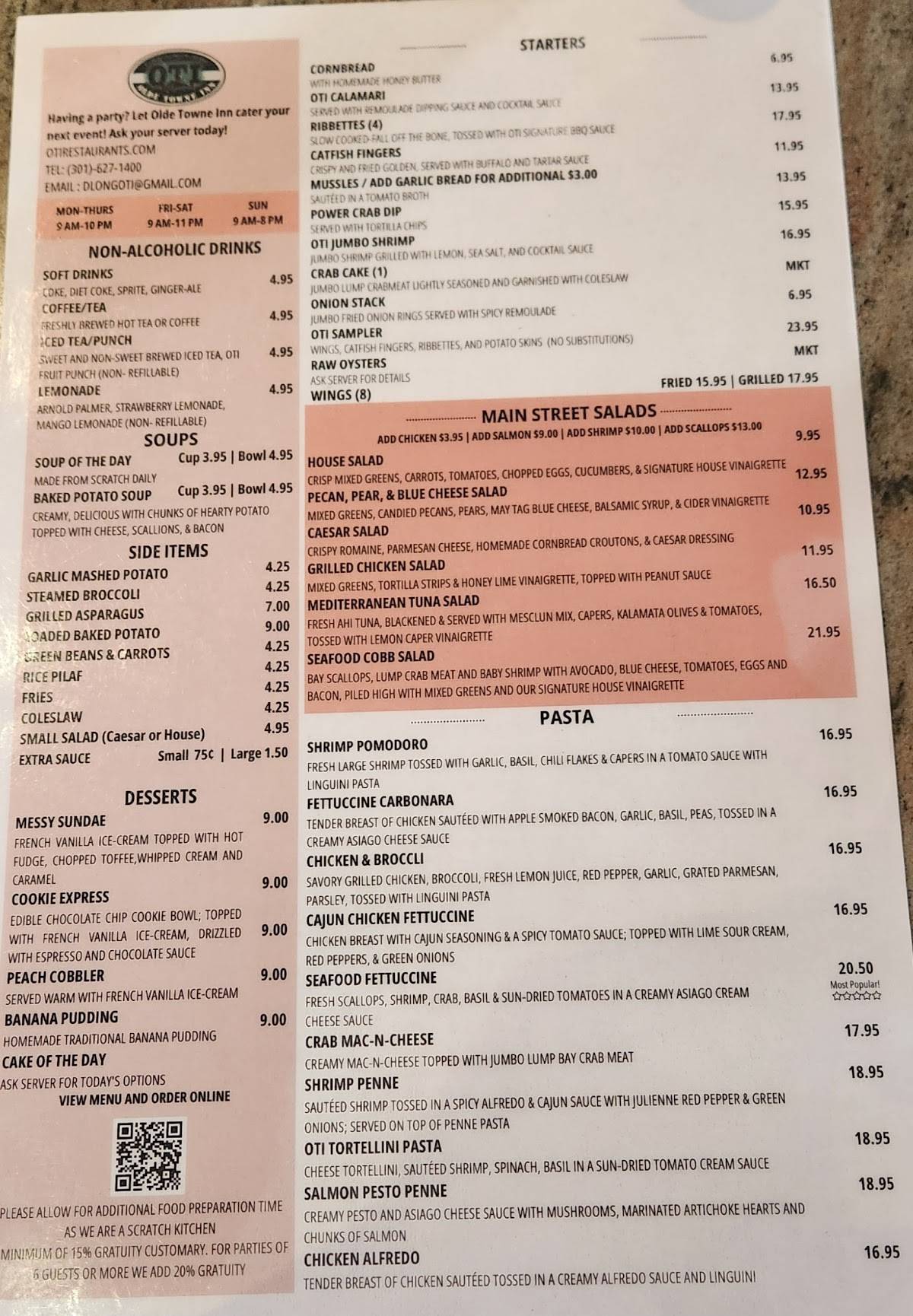 Menu at Olde Towne Inn restaurant, Upper Marlboro