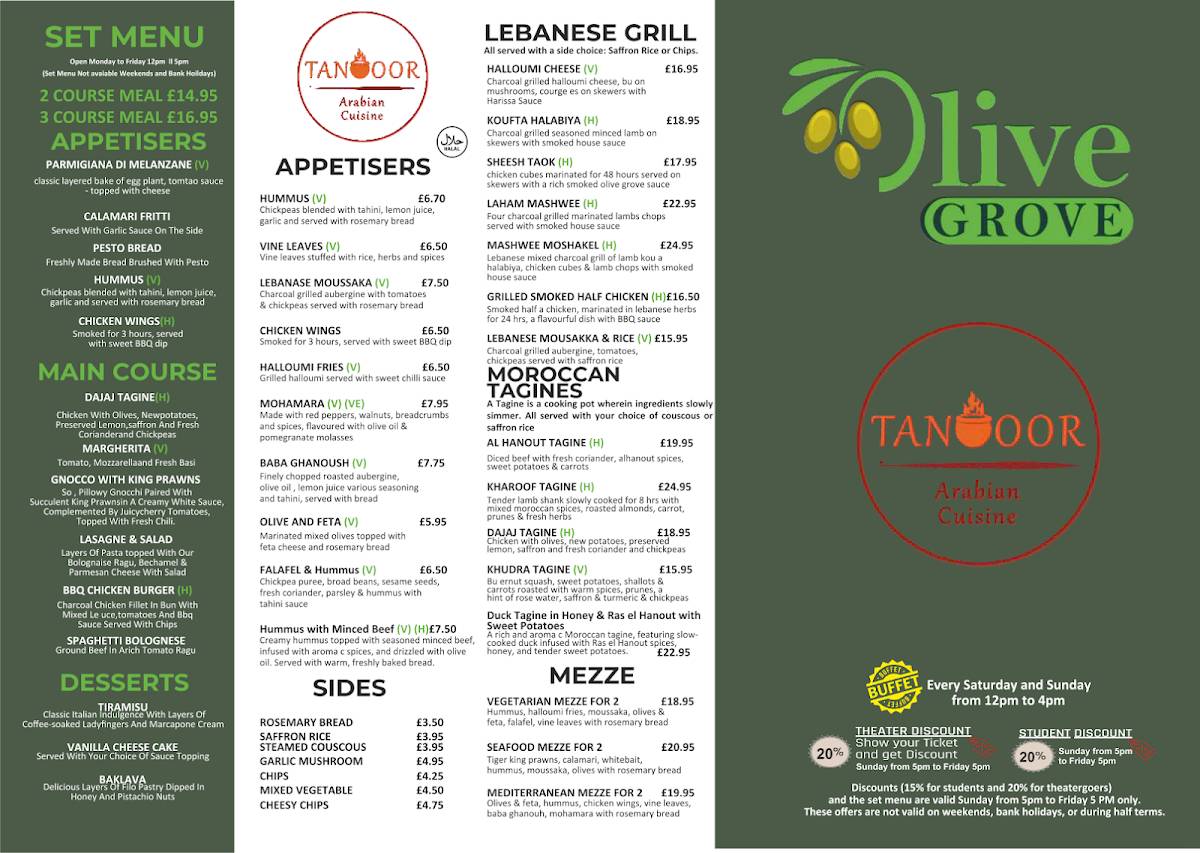 Menu at Olive Grove restaurant, Canterbury
