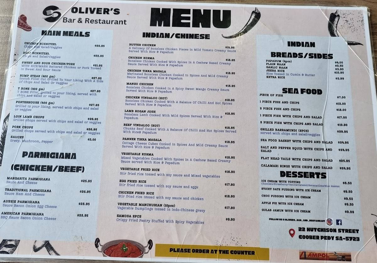 Menu at Oliver's Bar & Restaurant, Coober Pedy