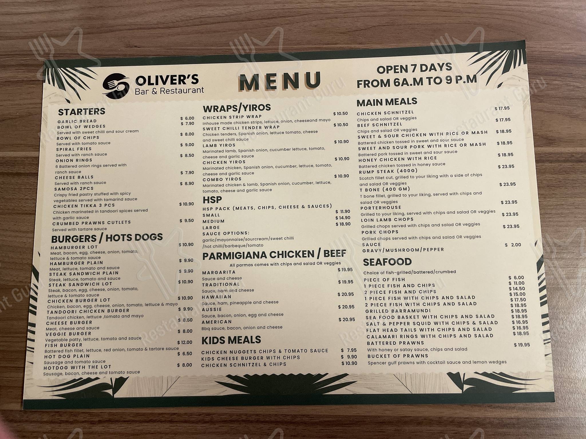 Menu at Oliver's Bar & Restaurant, Coober Pedy