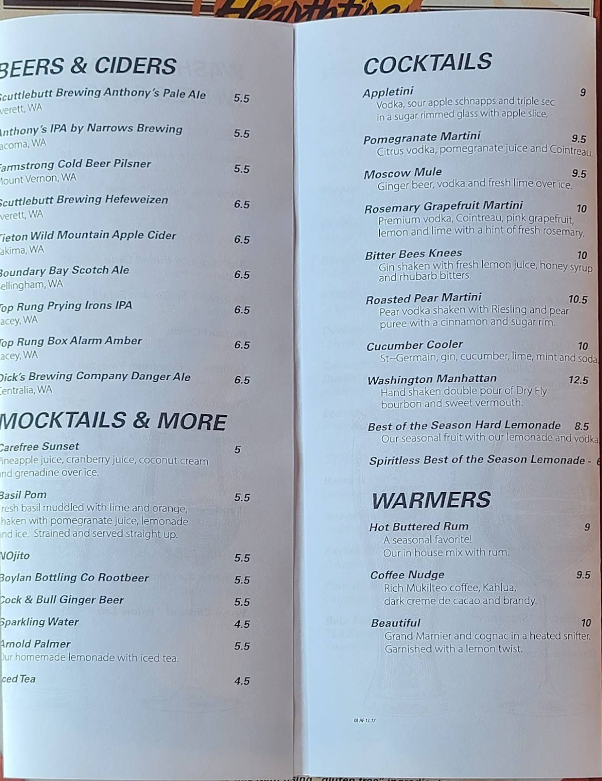Menu at Anthony's Hearthfire Grill Olympia restaurant, Olympia