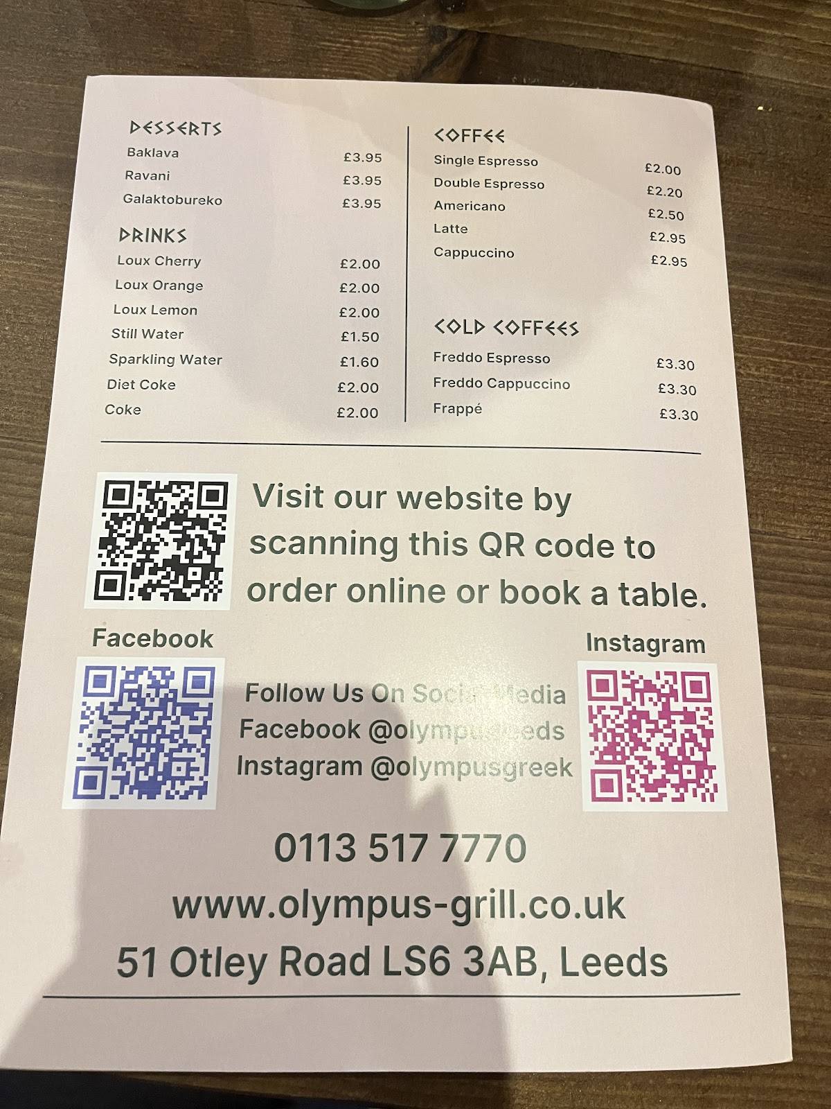 Menu at Olympus Greek Street Food restaurant, Leeds