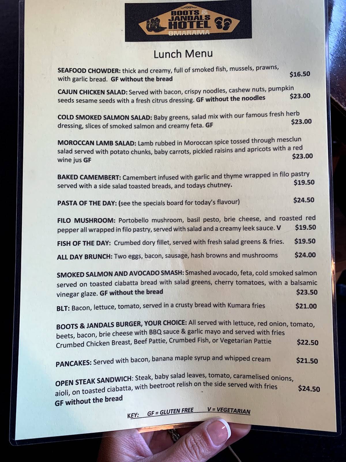 Menu at Boots and Jandals restaurant, Omarama