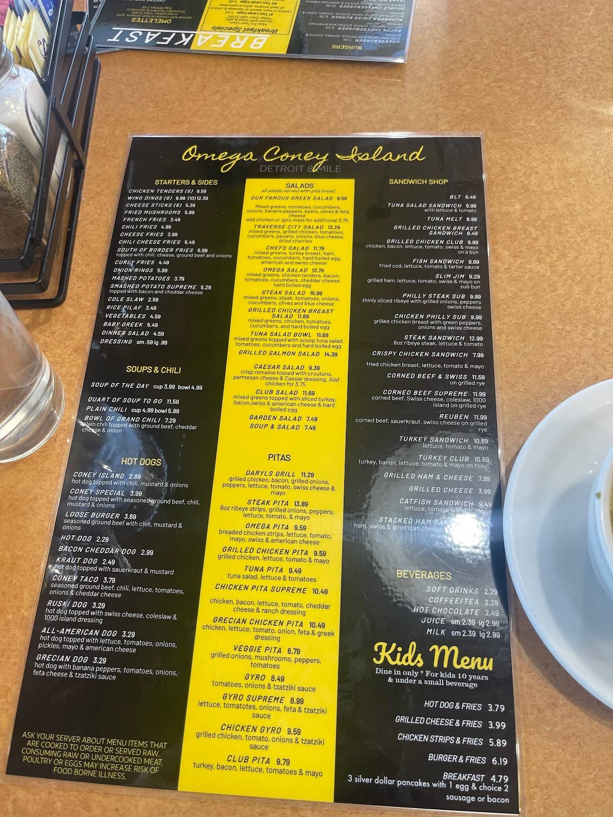 Menu at Omega Coney Island restaurant, Detroit, M-102
