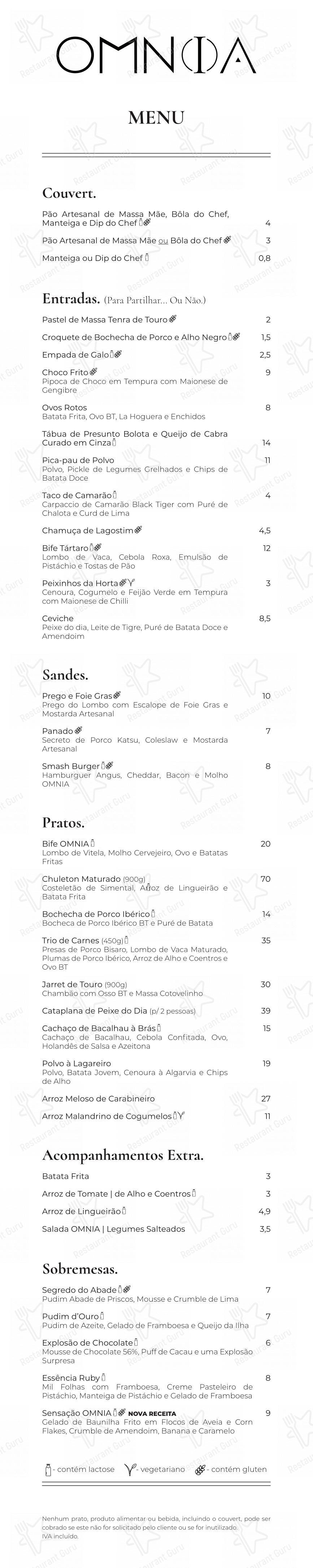 Menu at Omnia restaurant, Alverca do Ribatejo