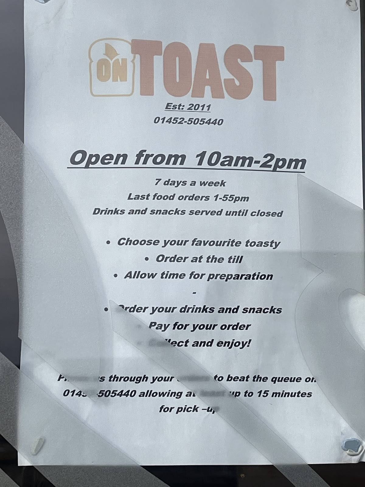 Menu at On Toast cafe, Gloucester, 15 Severn Rd