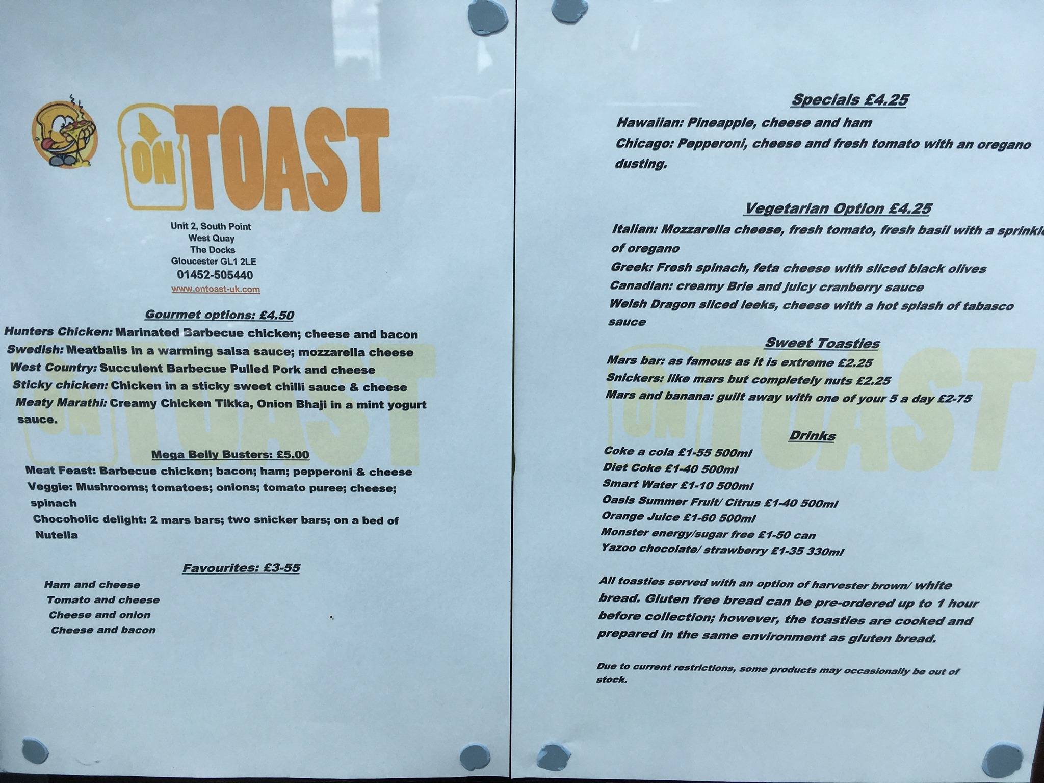 Menu at On Toast cafe, Gloucester, 15 Severn Rd