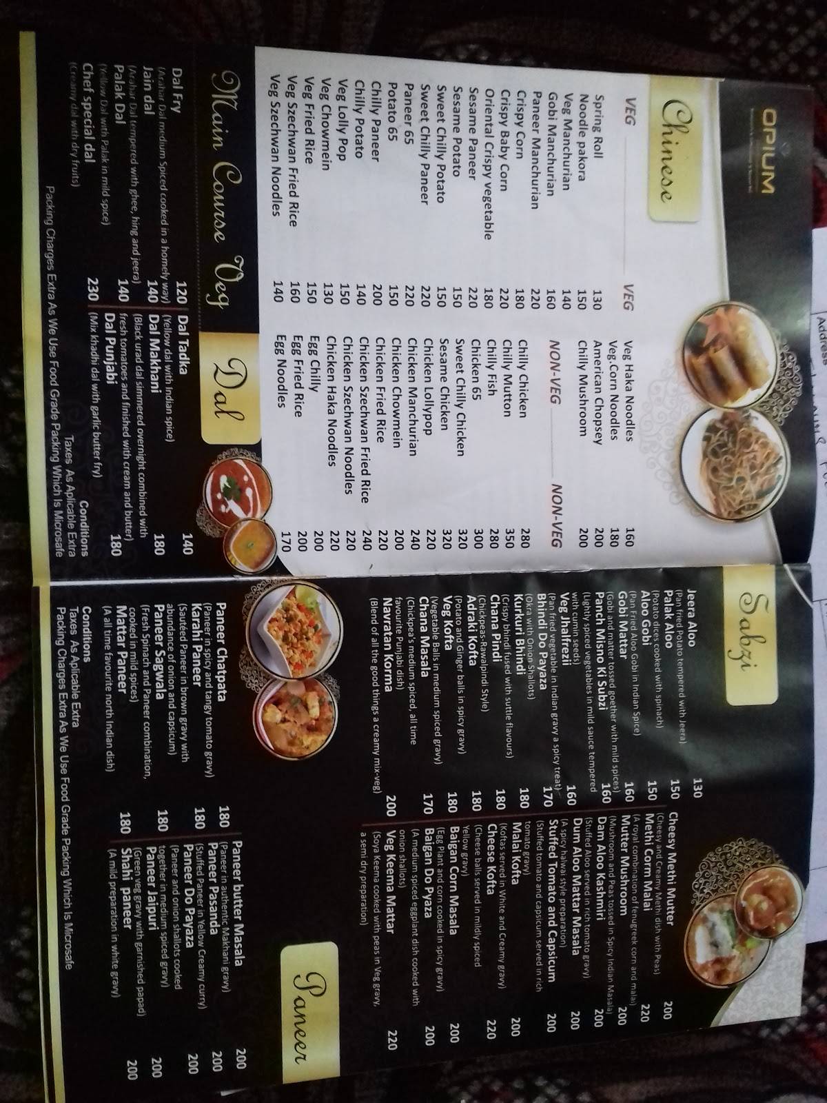 Menu at Opium Restaurant, Jhansi