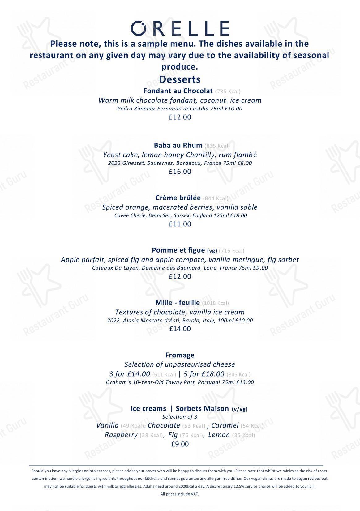 Menu at Orelle restaurant, Birmingham