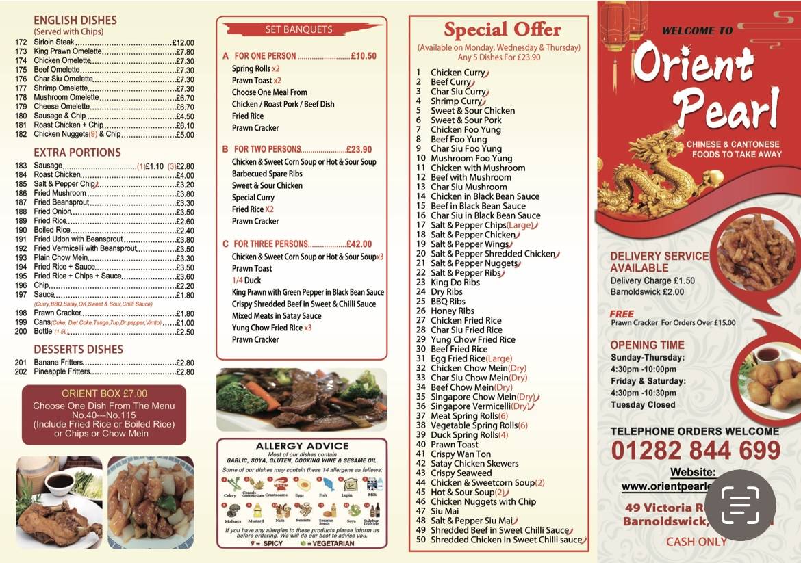 Menu at Orient Pearl restaurant, Barnoldswick