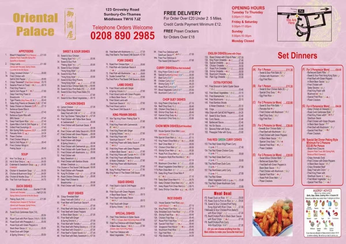 Menu at Oriental Palace restaurant, Sunbury-on-Thames