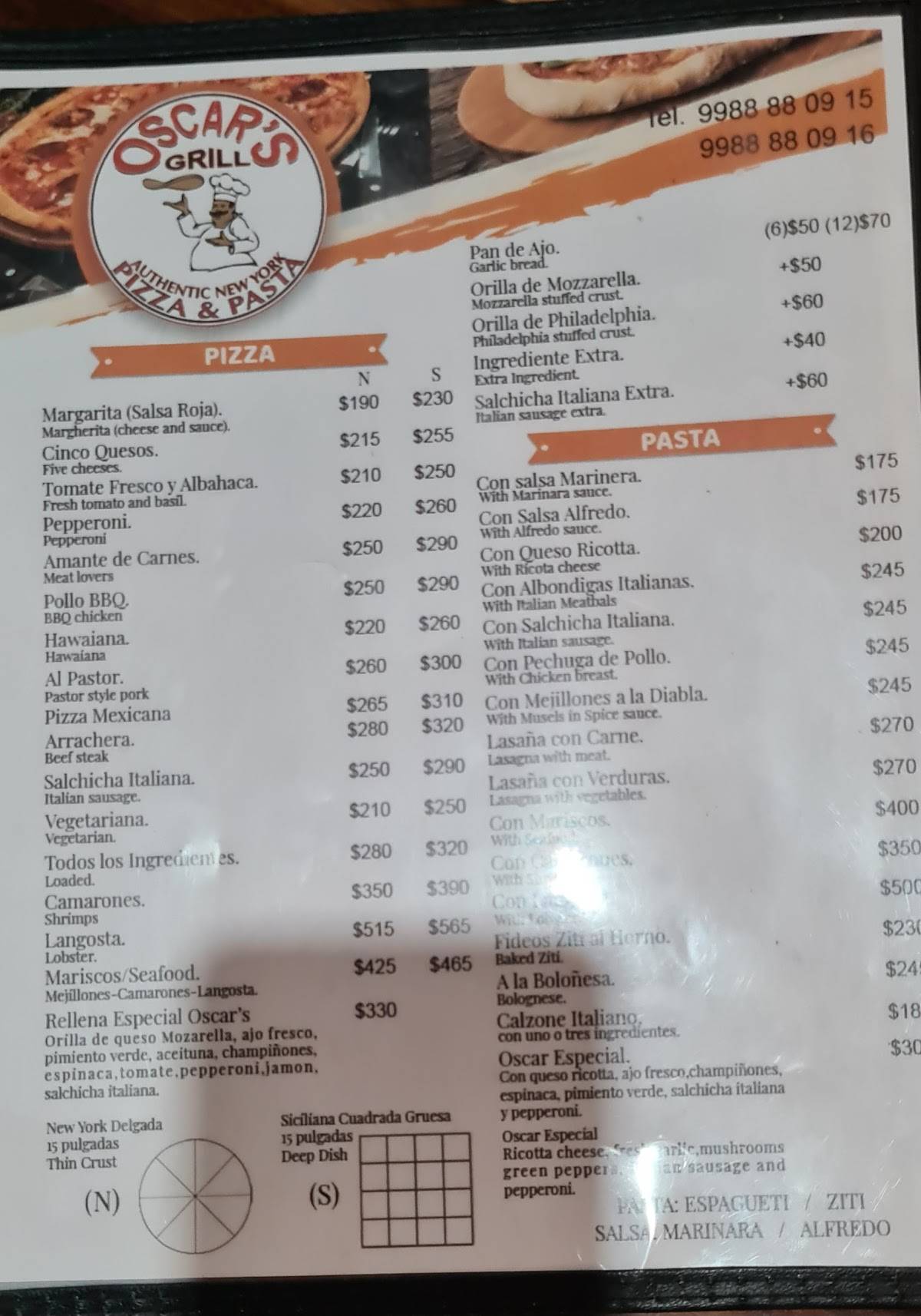 Menu at Oscars Grill pizzeria, Isla Mujeres