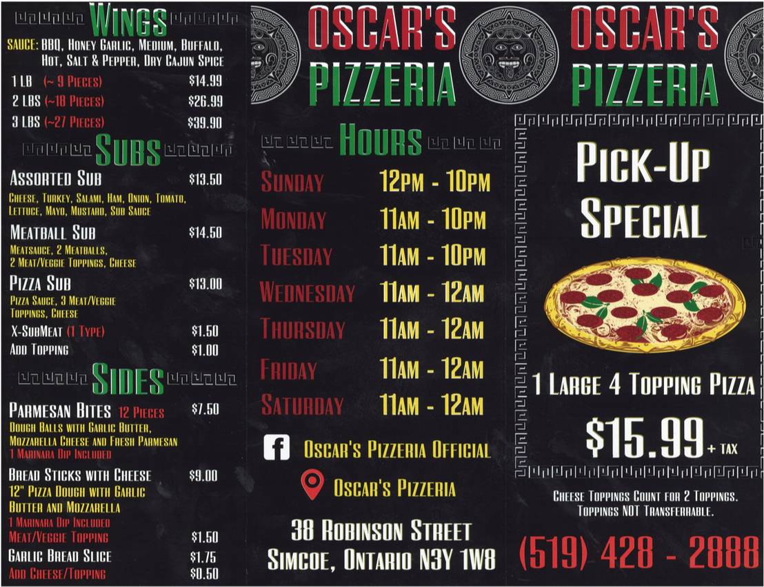 Menu au Oscar’s Pizzeria, Simcoe