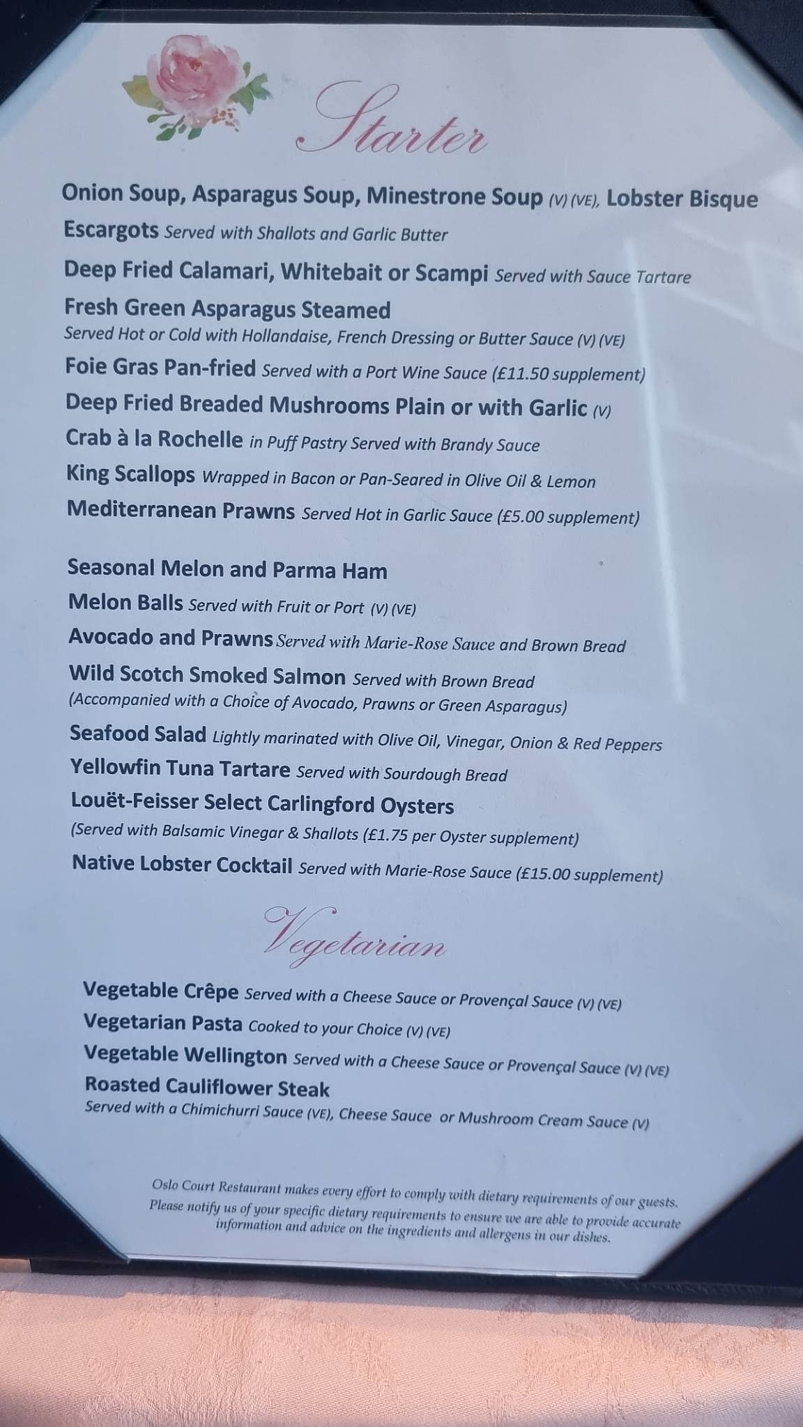 Menu at Oslo Court Restaurant, London