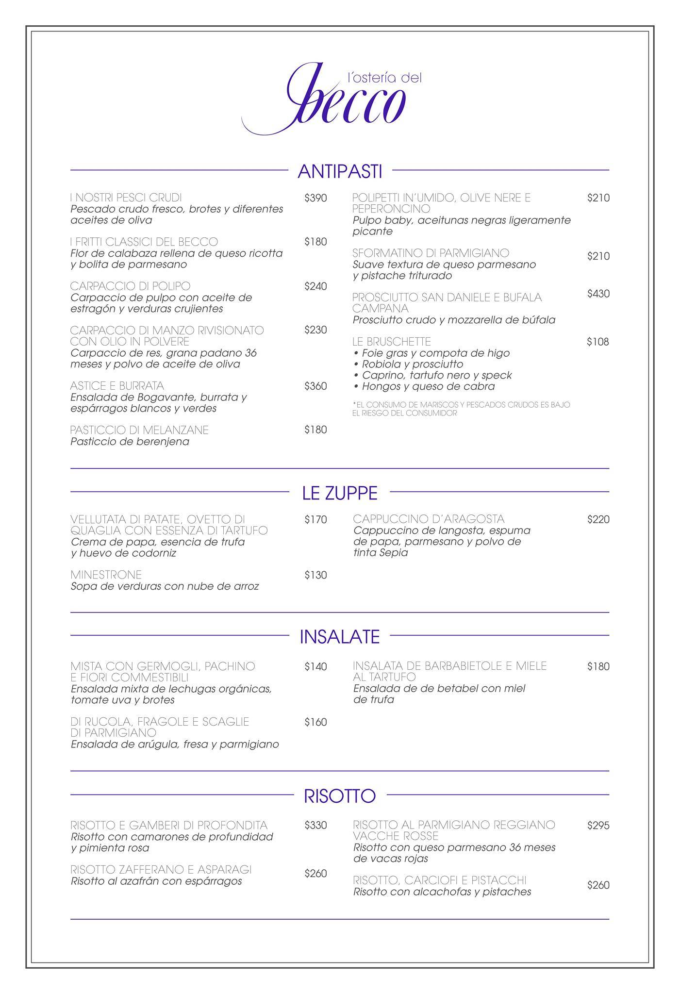 Carta del restaurante Ostería del Becco, Ciudad del México