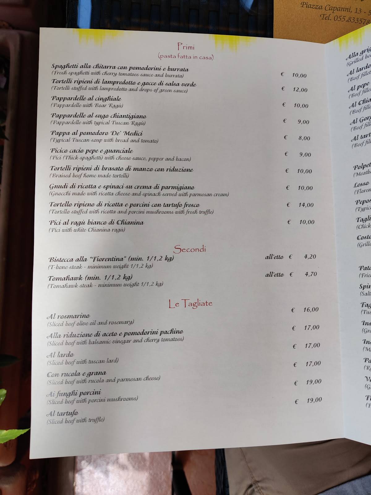 Menu da Osteria De' Medici ristorante con griglia, Figline e Incisa ...